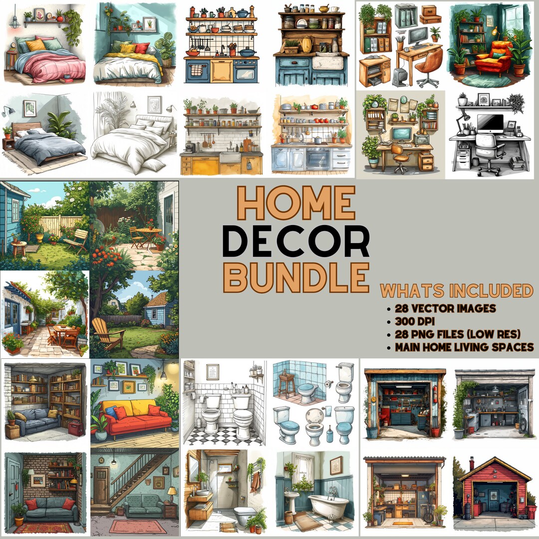 Home Decor Digital Art Bundle, Vintage Room Illustrations, Vector Files ...
