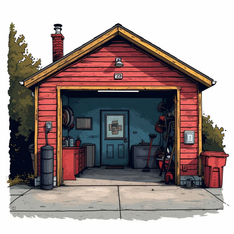 Rustic Garage Digital Illustration, Vintage Red Workshop Art, Printable ...