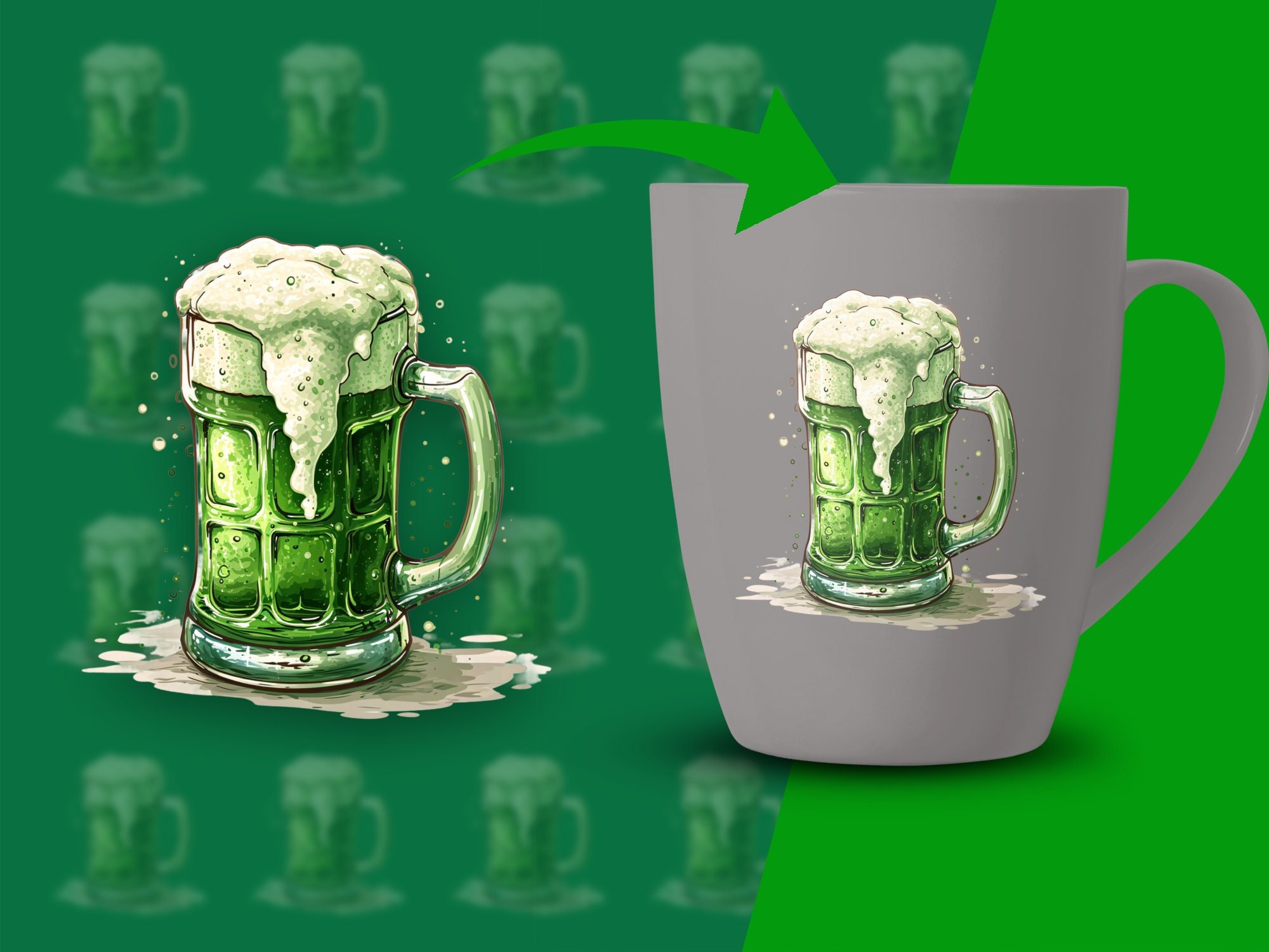 St. Patrick's Day Beer Mug Clipart, Green Beer Digital Illustration ...