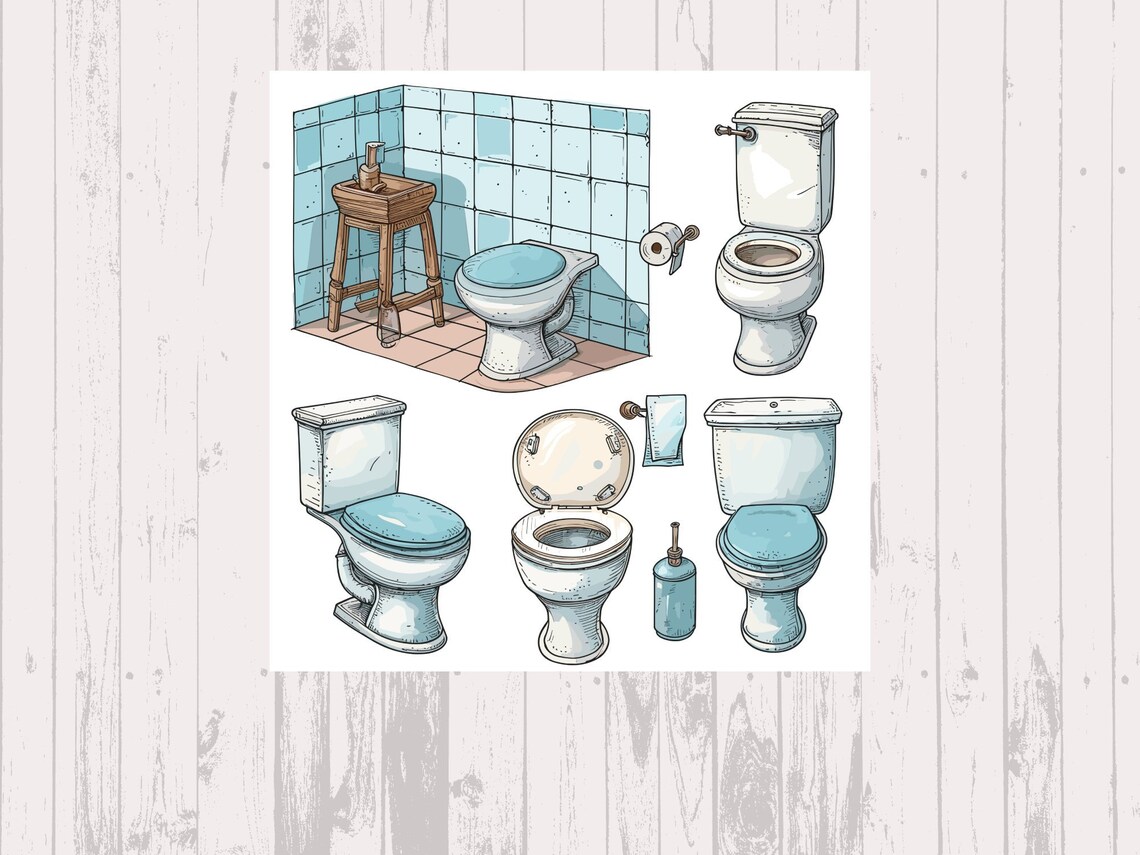 Bathroom Clipart Set, Watercolor Toilet Illustrations, Digital Download ...