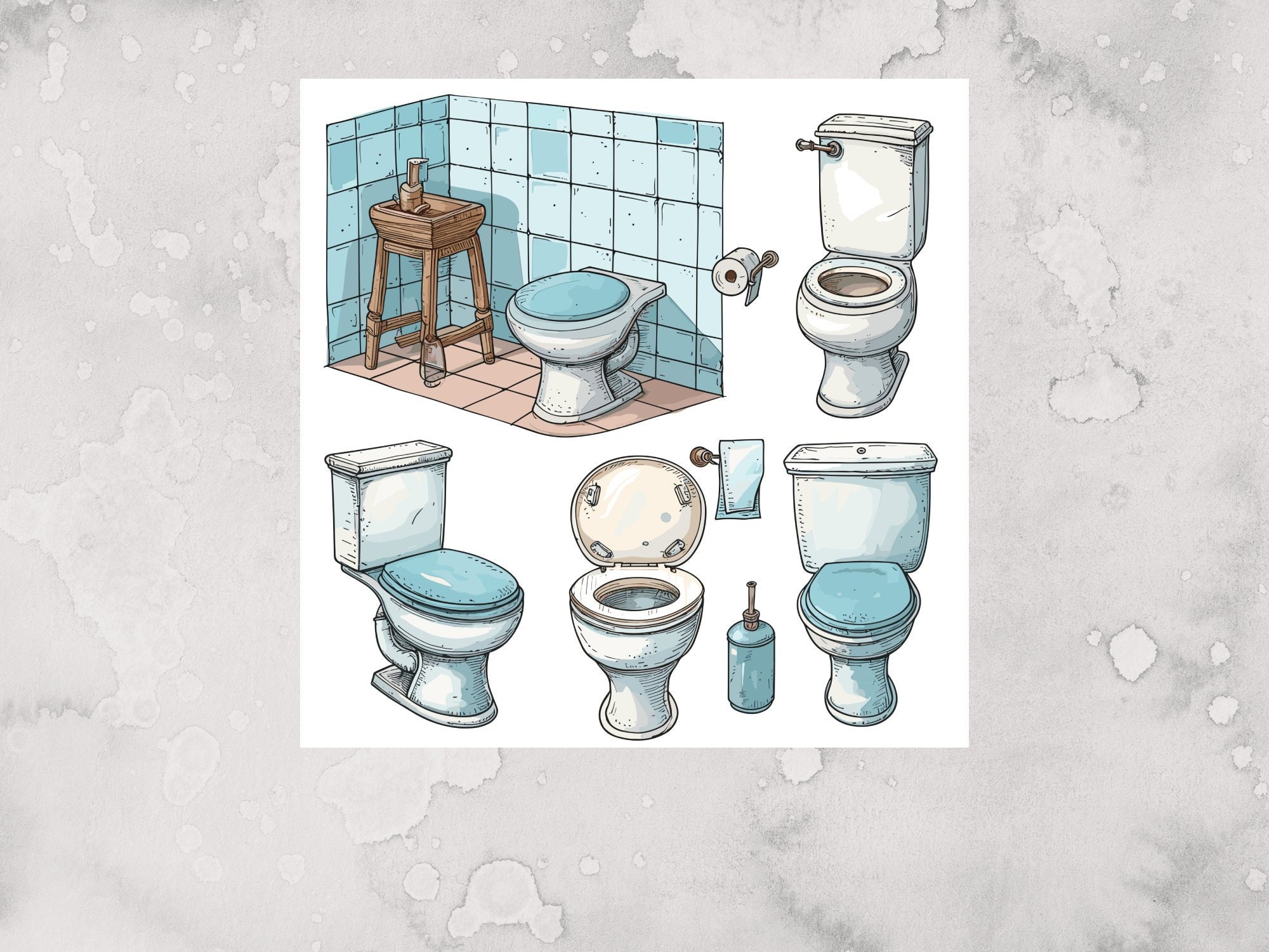 Bathroom Clipart Set, Watercolor Toilet Illustrations, Digital Download ...