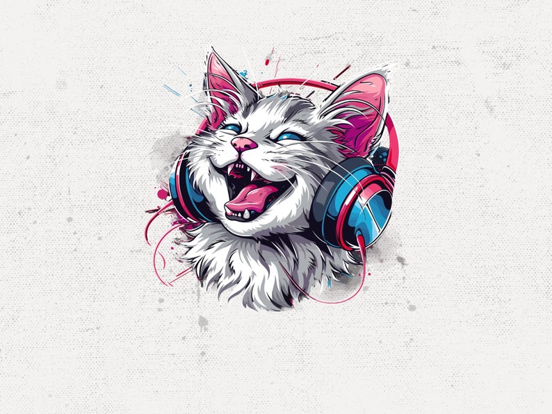 Cartoon Cat DJ With Headphones Digital Art, Vibrant Sublimation Clipart ...
