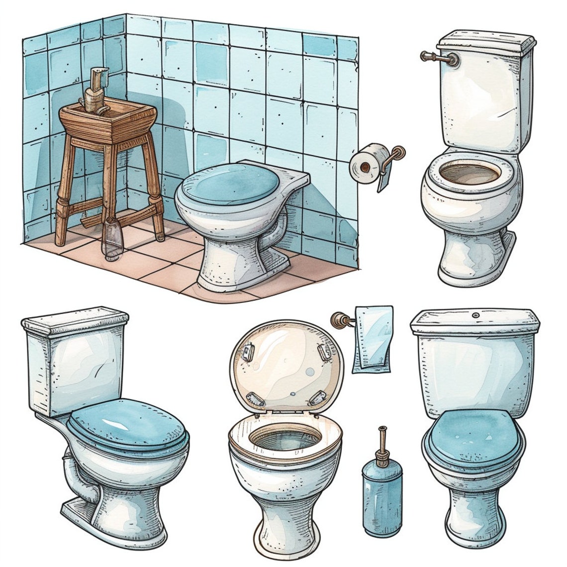 Bathroom Clipart Set, Watercolor Toilet Illustrations, Digital Download ...