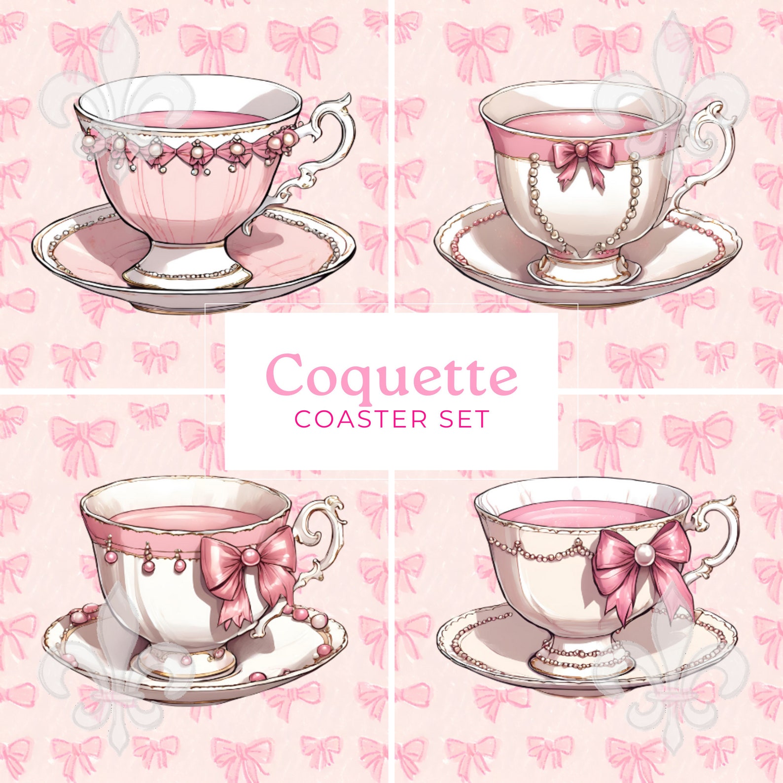 Coquette Pink Coaster Set of 4 - Bows, Pearls & Teacups - Shabby Chic ...
