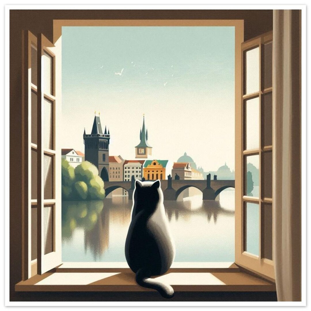 Prague Cat: Minimalist Painting - Cat Surveying Prague Vista - Unique ...