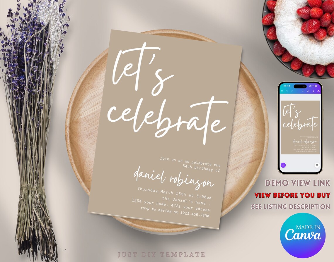 Editable Let's Celebrate Party Invitation, Adult Simple Modern Party Invite, Anniversary ...