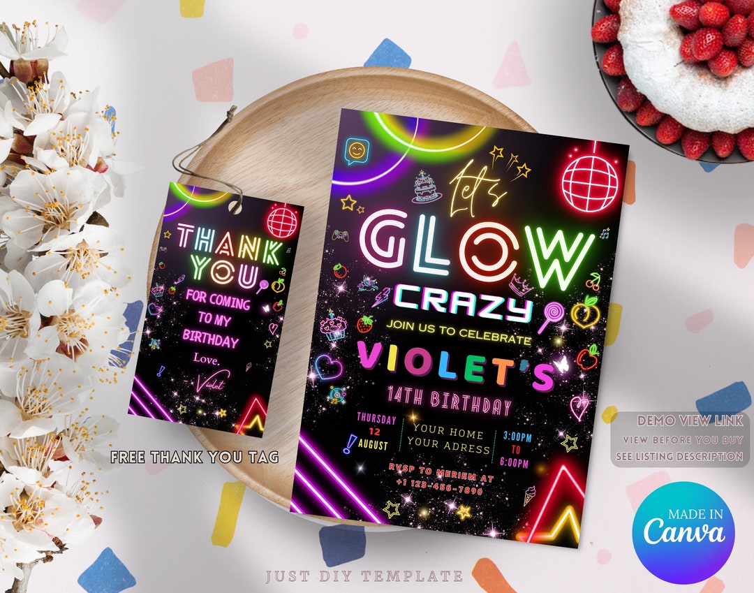 Editable Glow Neon Party Birthday Invitation, Printable Neon Glow ...