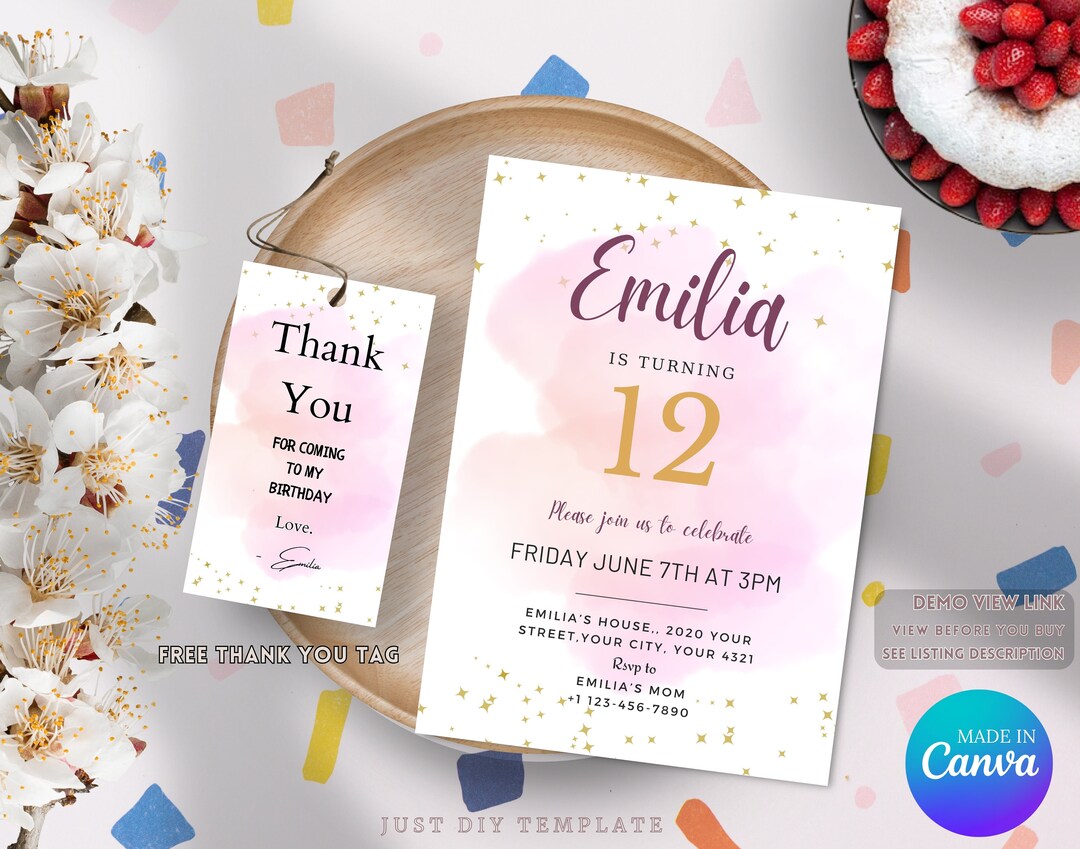 Editable Watercolour Pink Invitation Template, Printable Rainbow ...