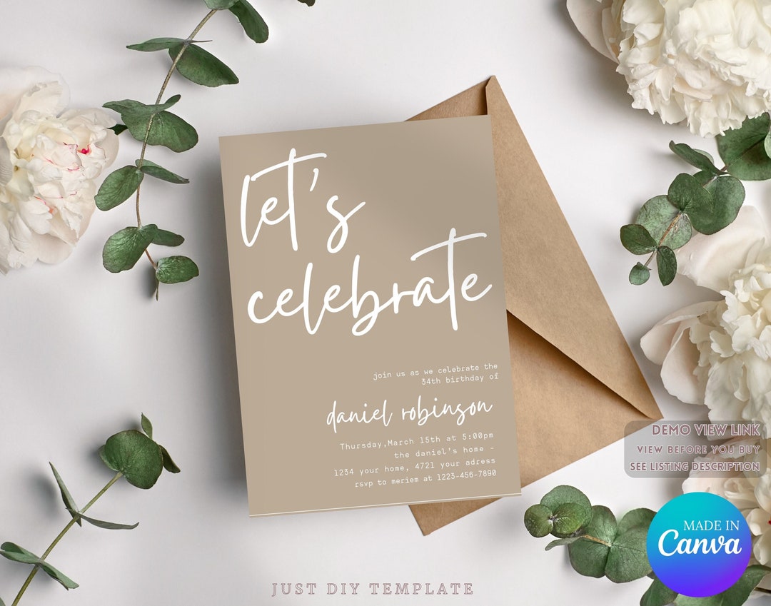 Editable Let's Celebrate Party Invitation, Adult Simple Modern Party Invite, Anniversary ...