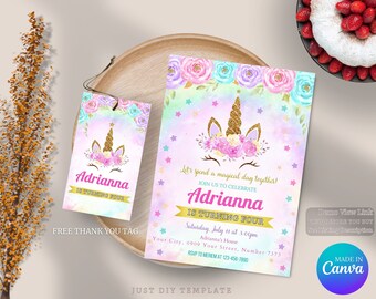 Unicorn Horn Birthday Invitation for Phone, Customisable Canva Template ...