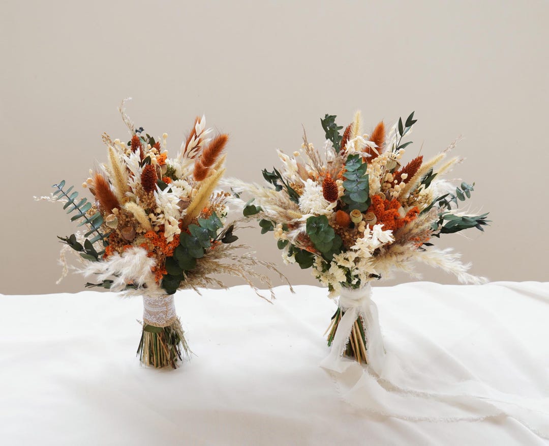 Rust+burnet Orange+cream+green Mixed Dried Flower Bridal Bouquet ...