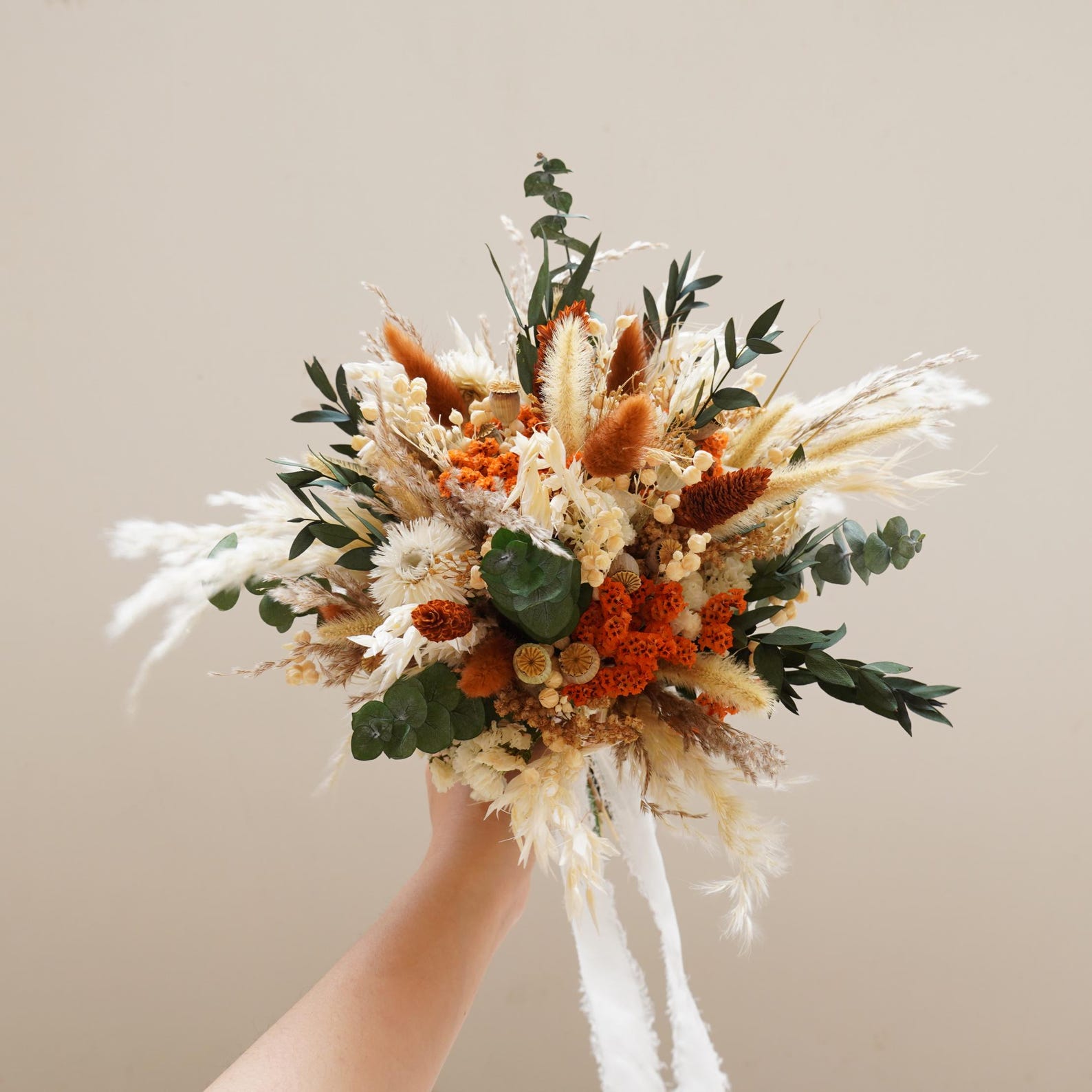 Rust+burnet Orange+cream+green Mixed Dried Flower Bridal Bouquet ...
