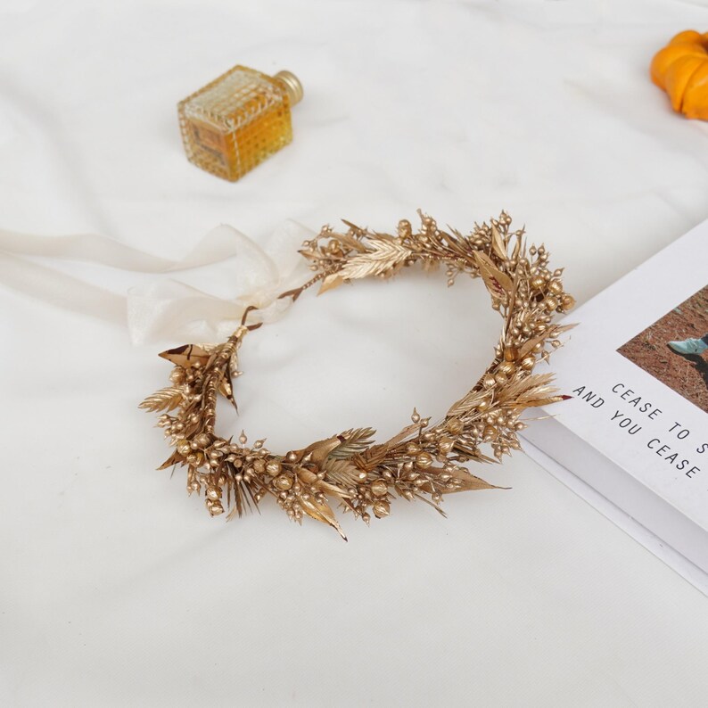 Golden Dried Flower Crown, Golden Flax+golden Chasmathium Latifolium ...
