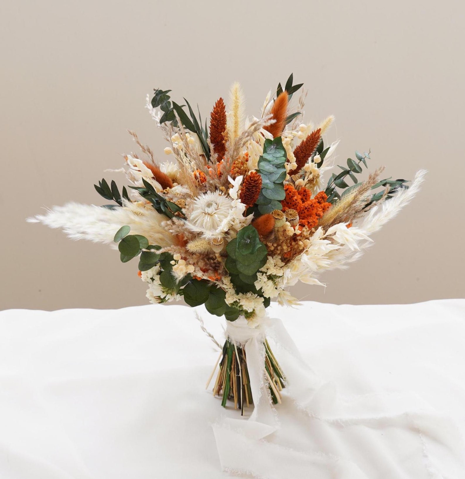 Rust+burnet Orange+cream+green Mixed Dried Flower Bridal Bouquet ...