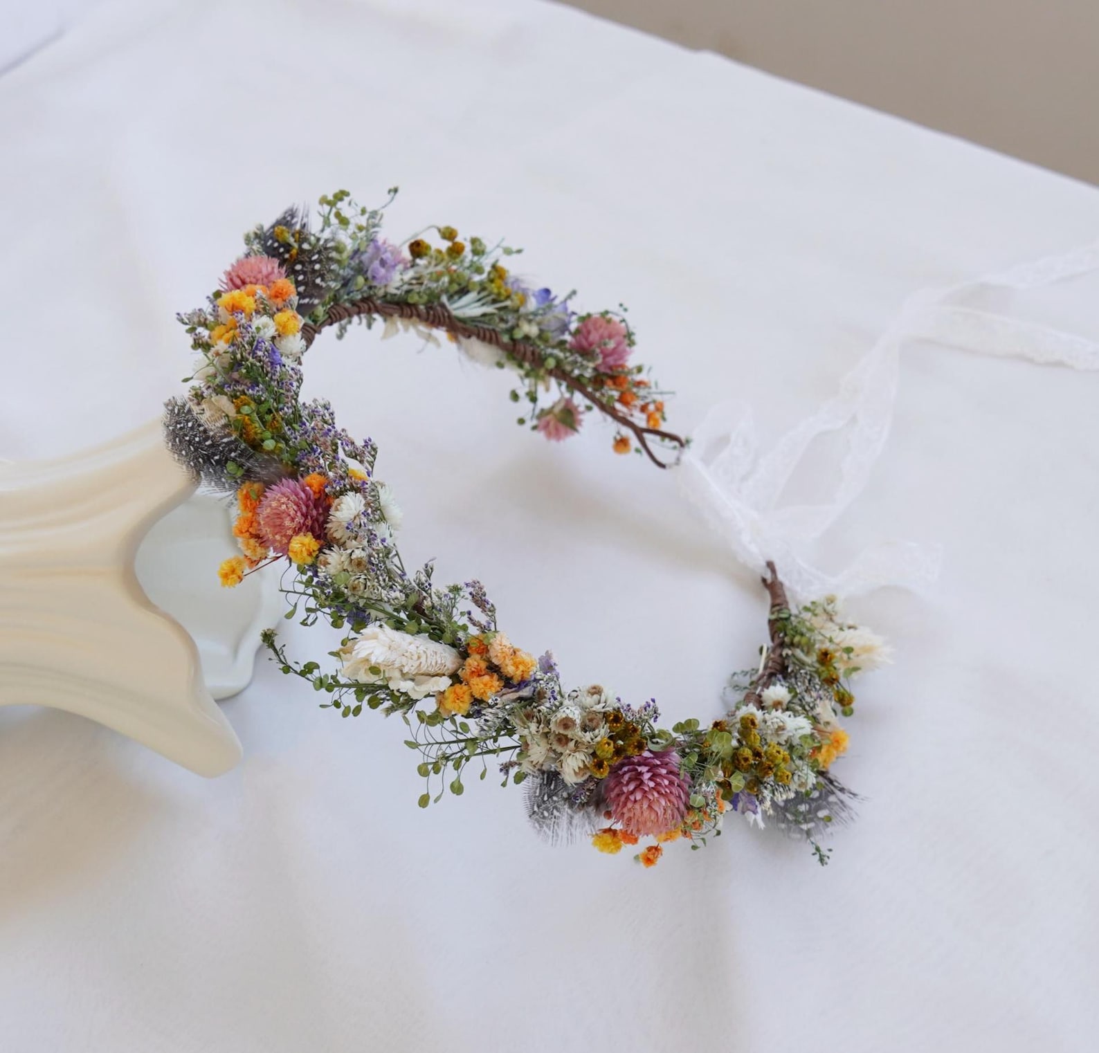 Mixed Wildflower Dried Flower Crown, Pheasant Feather Crown, Grass ...