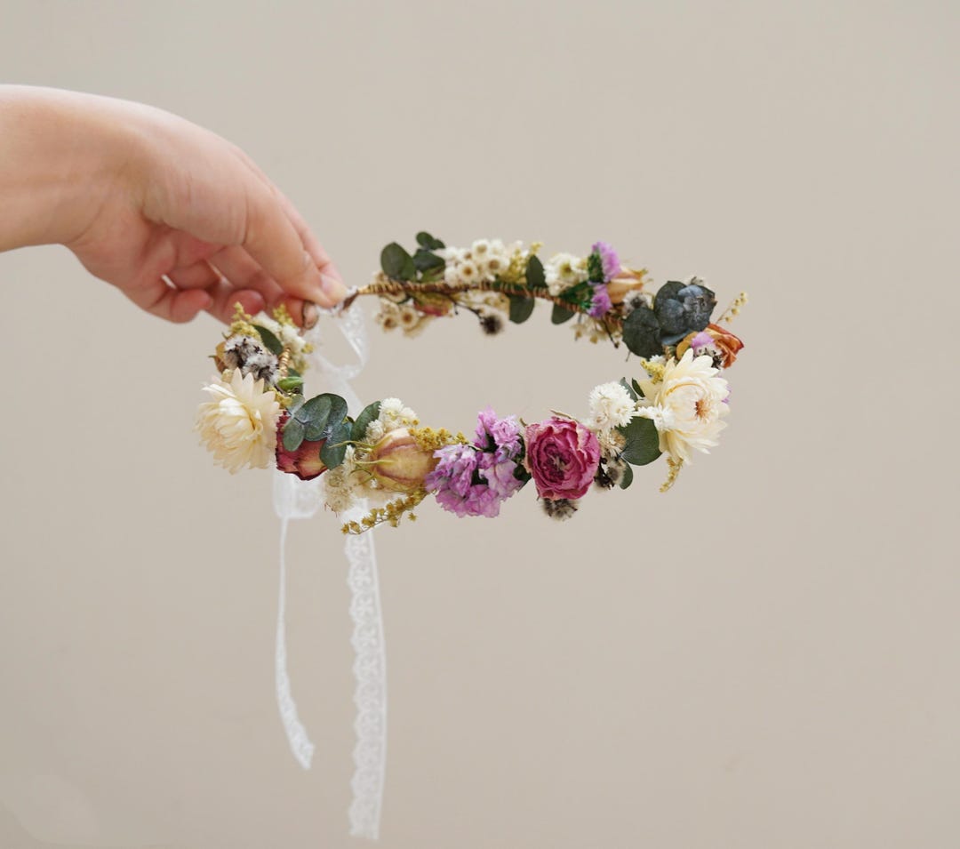 Rose Dried Flower Crown, Bohemian Wedding Crown, Mixed Wildflower ...