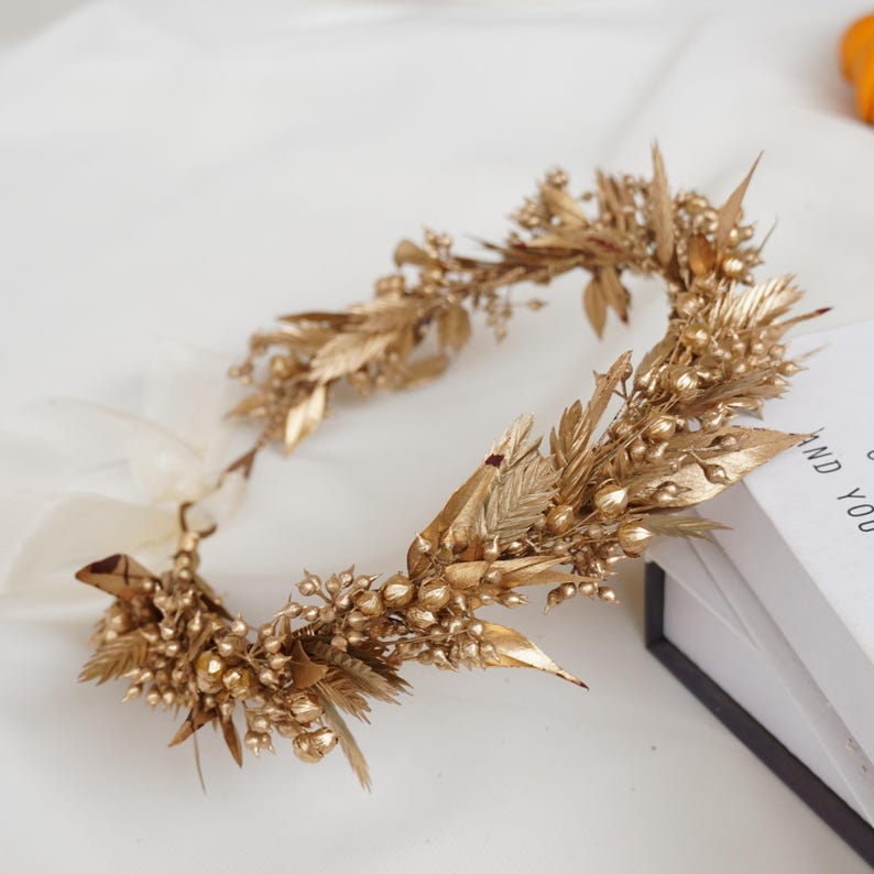 Golden Dried Flower Crown, Golden Flax+golden Chasmathium Latifolium ...