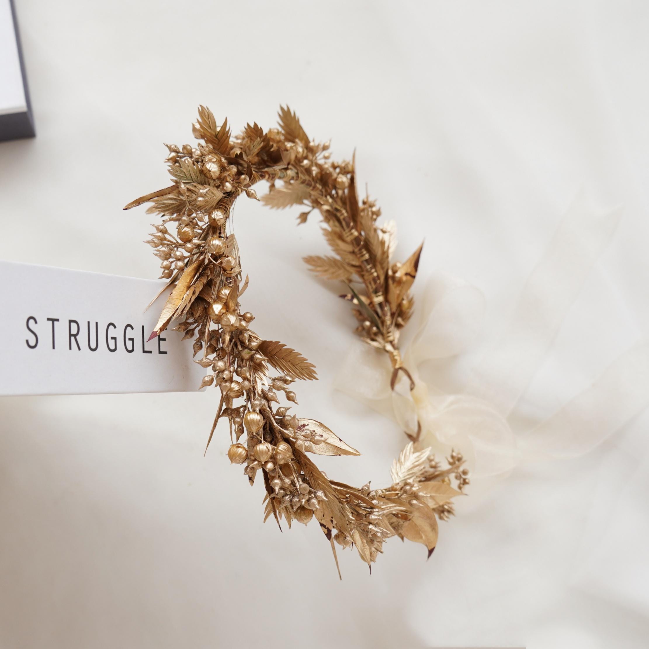 Golden Dried Flower Crown, Golden Flax+golden Chasmathium Latifolium ...