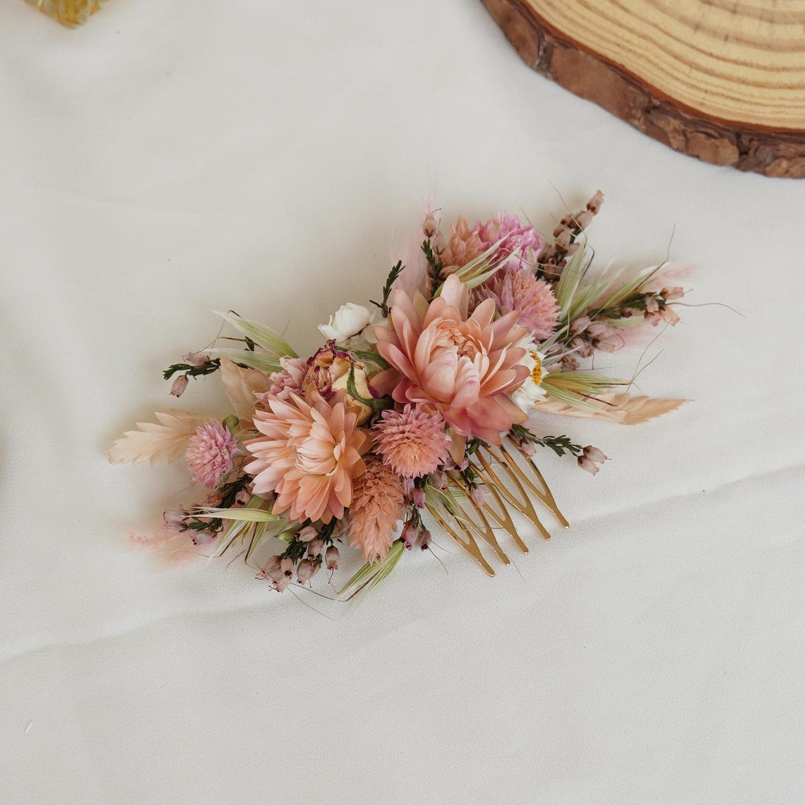 Powder Blusher+pink Mixed Dry Flower Hair Combs, Bohemian Wedding Bride ...