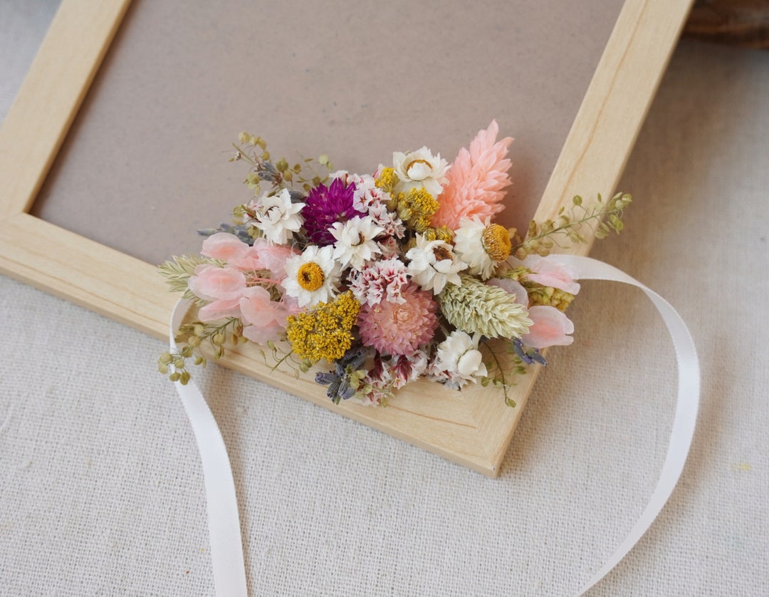 Spring Wedding Dried Flower Corsage, Pink Sage Green Mixed Wild Flower ...