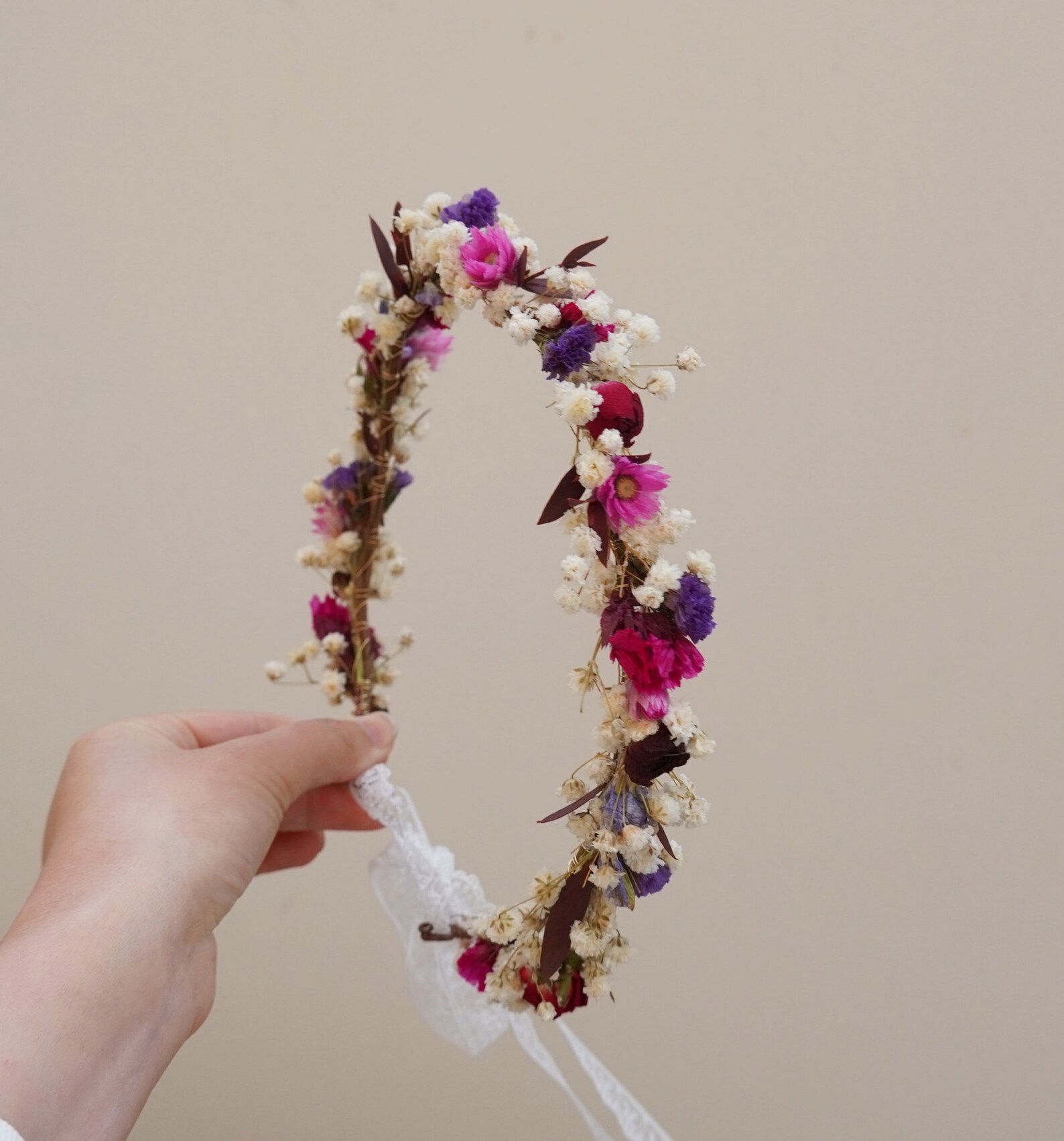 Dried Rose Daisy Crown, Purple Wedding Theme Bridal Headwear, Boho ...