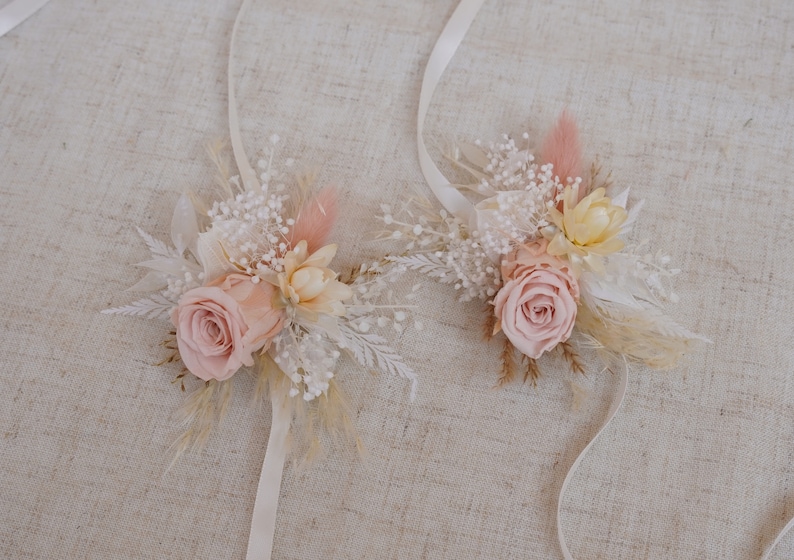 Pink Preserved Rose Corsage, Pampas Rabbit Tail Dry Flower Bridesmaid ...