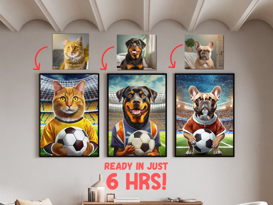 Custom Pet Portraits Football, Funny Soccer Dog, Football Cat Portrait ...