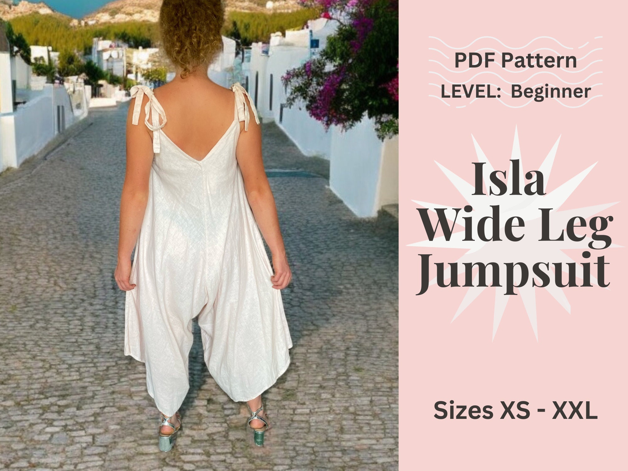 Isla Wide Leg Jumpsuit With Shoulder Ties Sewing Pattern PDF, XS-XXL ...