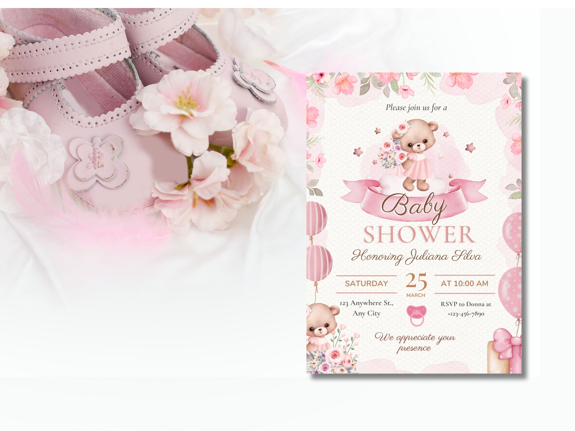 Invitación imprimible para baby shower de bebé lindo rosa Plantilla ...