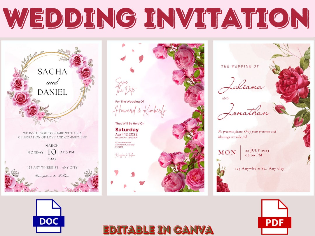 Printable Pink Wedding Invitation - Editable Canva Template for ...