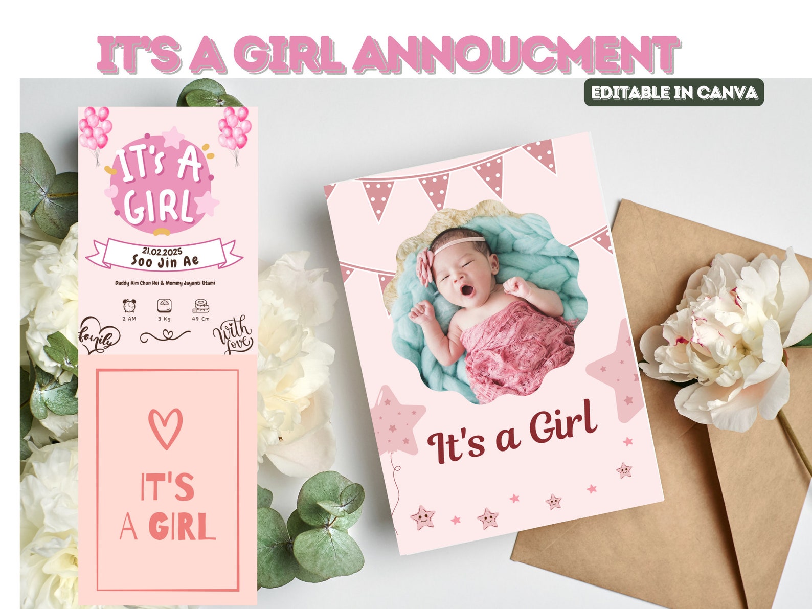 Printable It's a Girl Baby Announcement - Editable Canva Template for ...