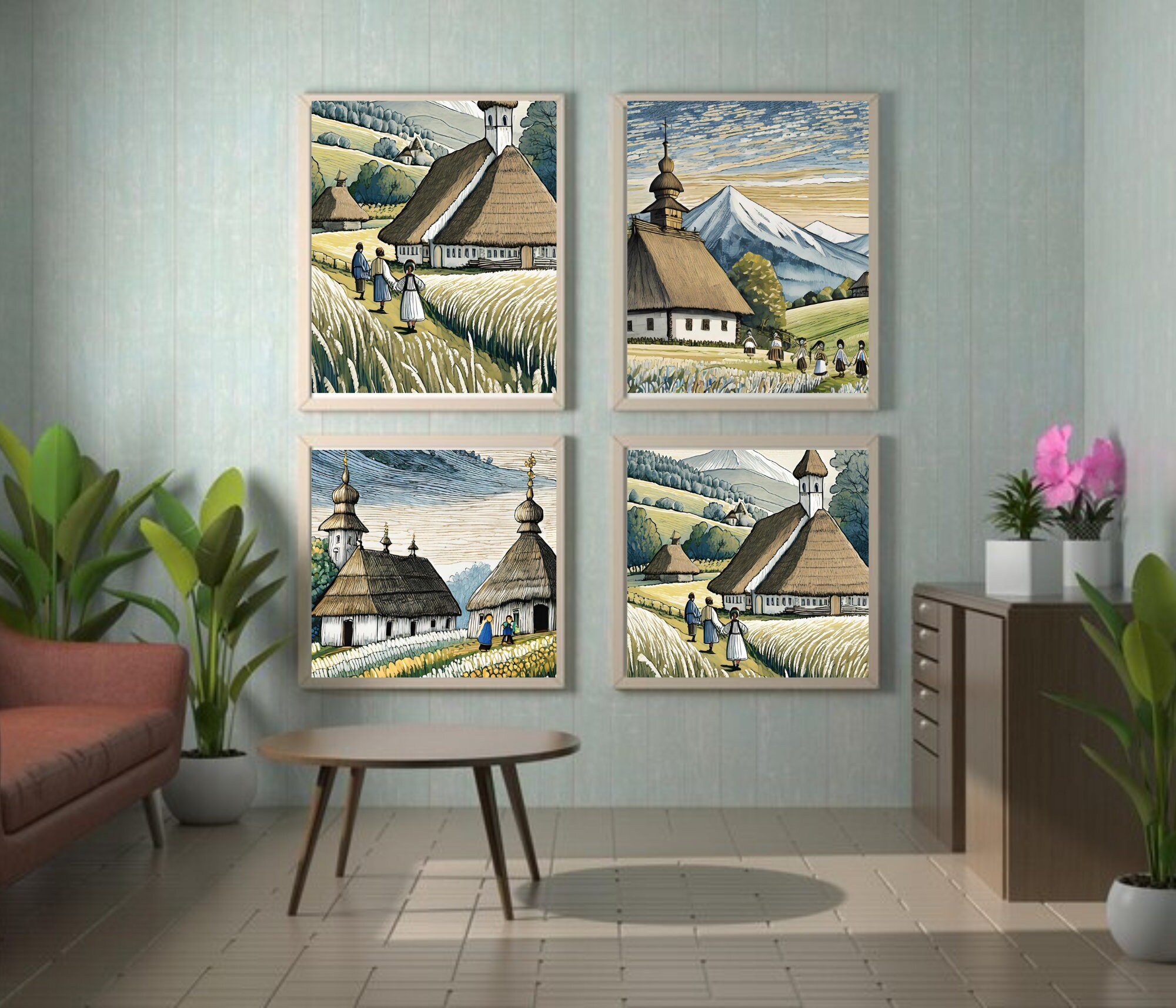 Printable Ukrainian Folk Art, Rustic Thatched Roof Cottage, Instant ...