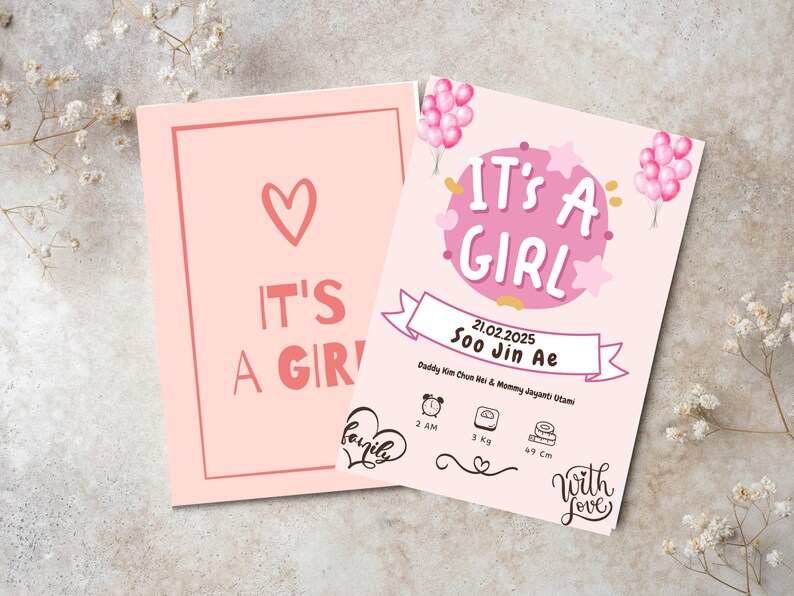 Printable It's a Girl Baby Announcement Editable Canva Template for ...