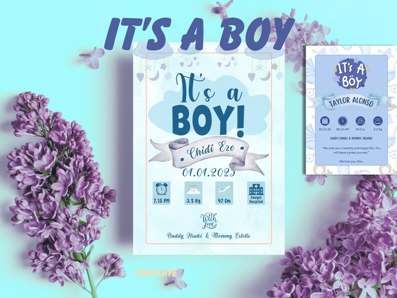 Printable It's a Boy Baby Announcement Editable Canva Template for ...
