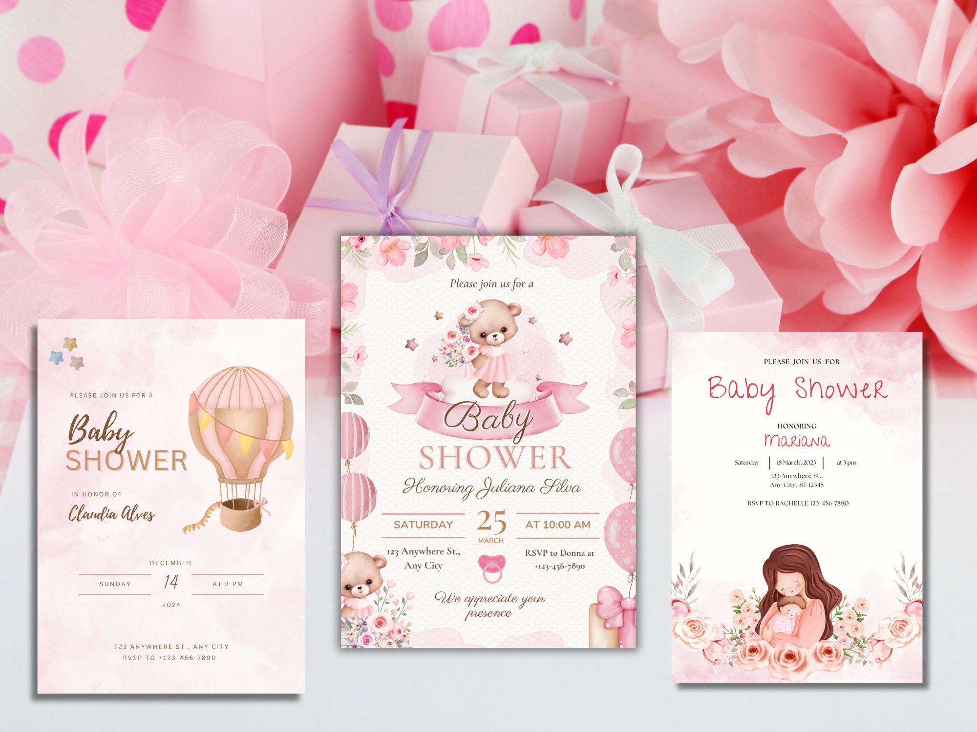 Invitación imprimible para baby shower de bebé lindo rosa Plantilla ...