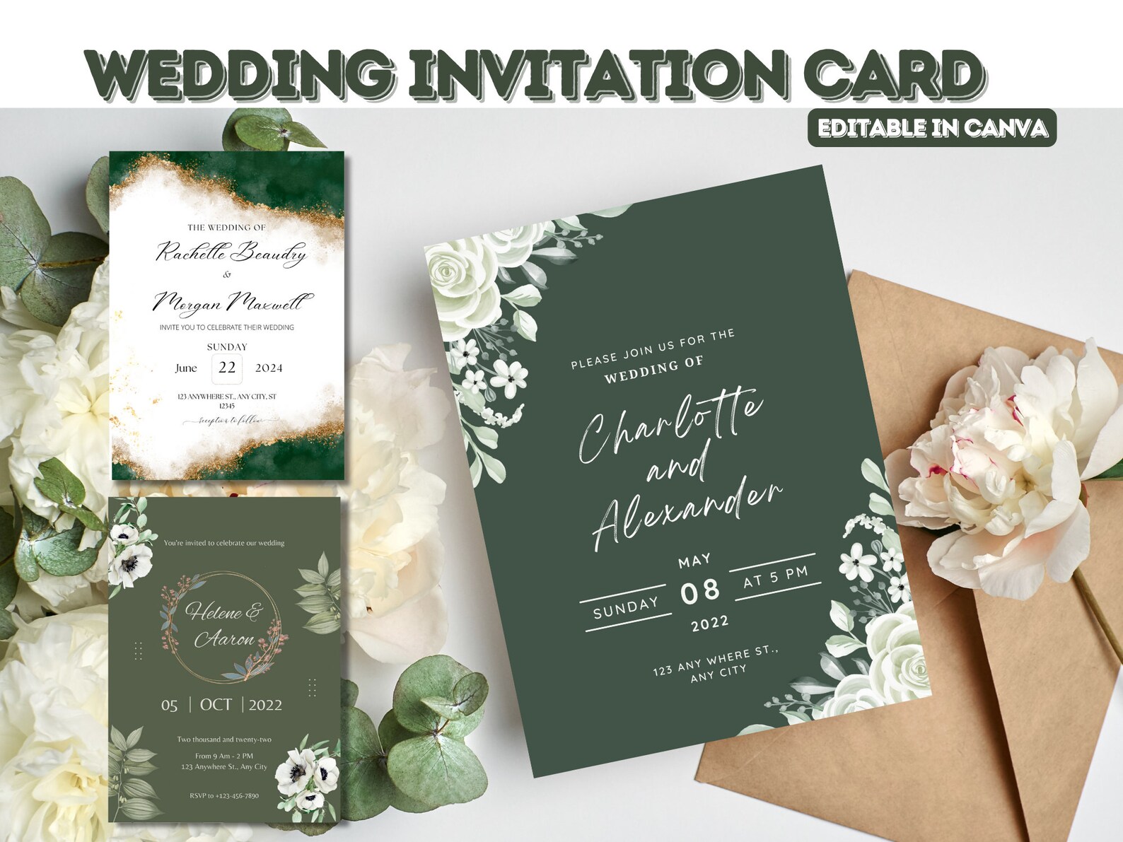 Printable Green Wedding Invitation Editable Canva Template for ...