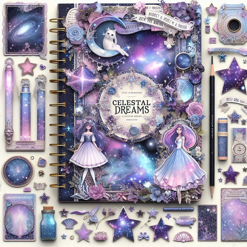 Celestial Dreams Junk Journal Kit - Stars, Galaxy, Magical, Purple ...