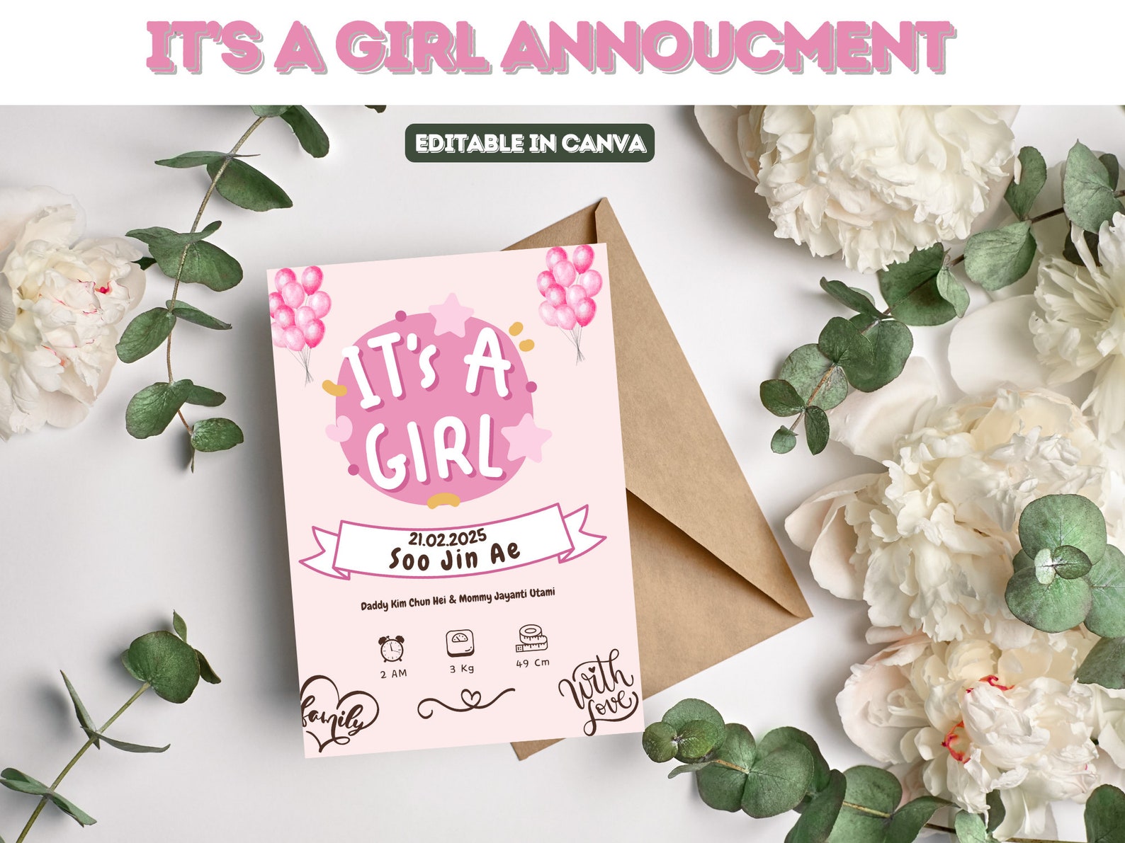 Printable It's a Girl Baby Announcement Editable Canva Template for ...