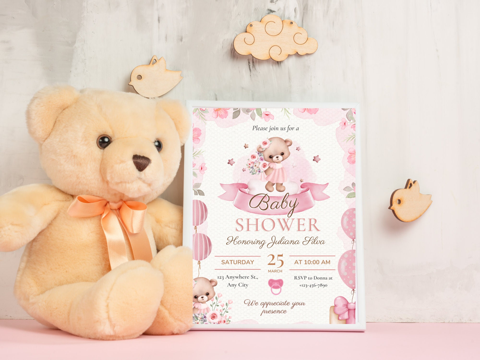 Invitación imprimible para baby shower de bebé lindo rosa Plantilla ...