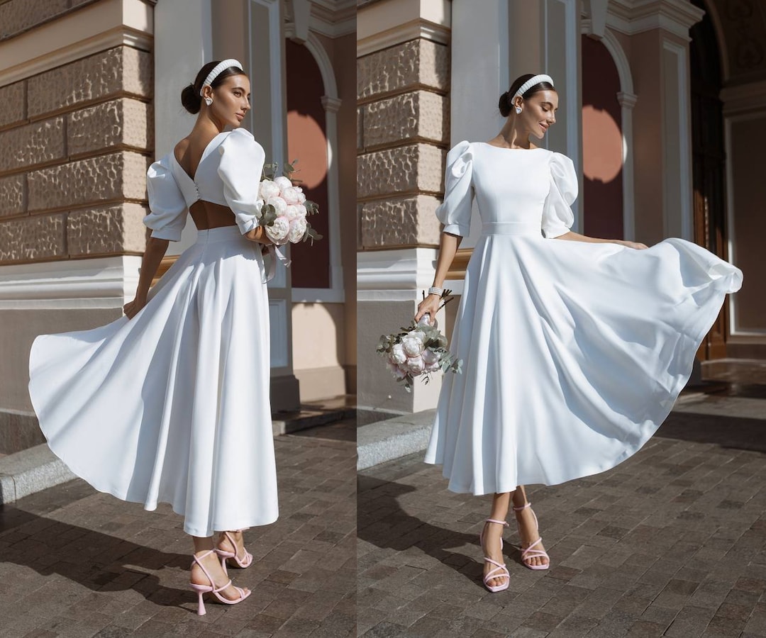 White Open Back Dress, Modest Engagement Dress, Civil Wedding Dress ...