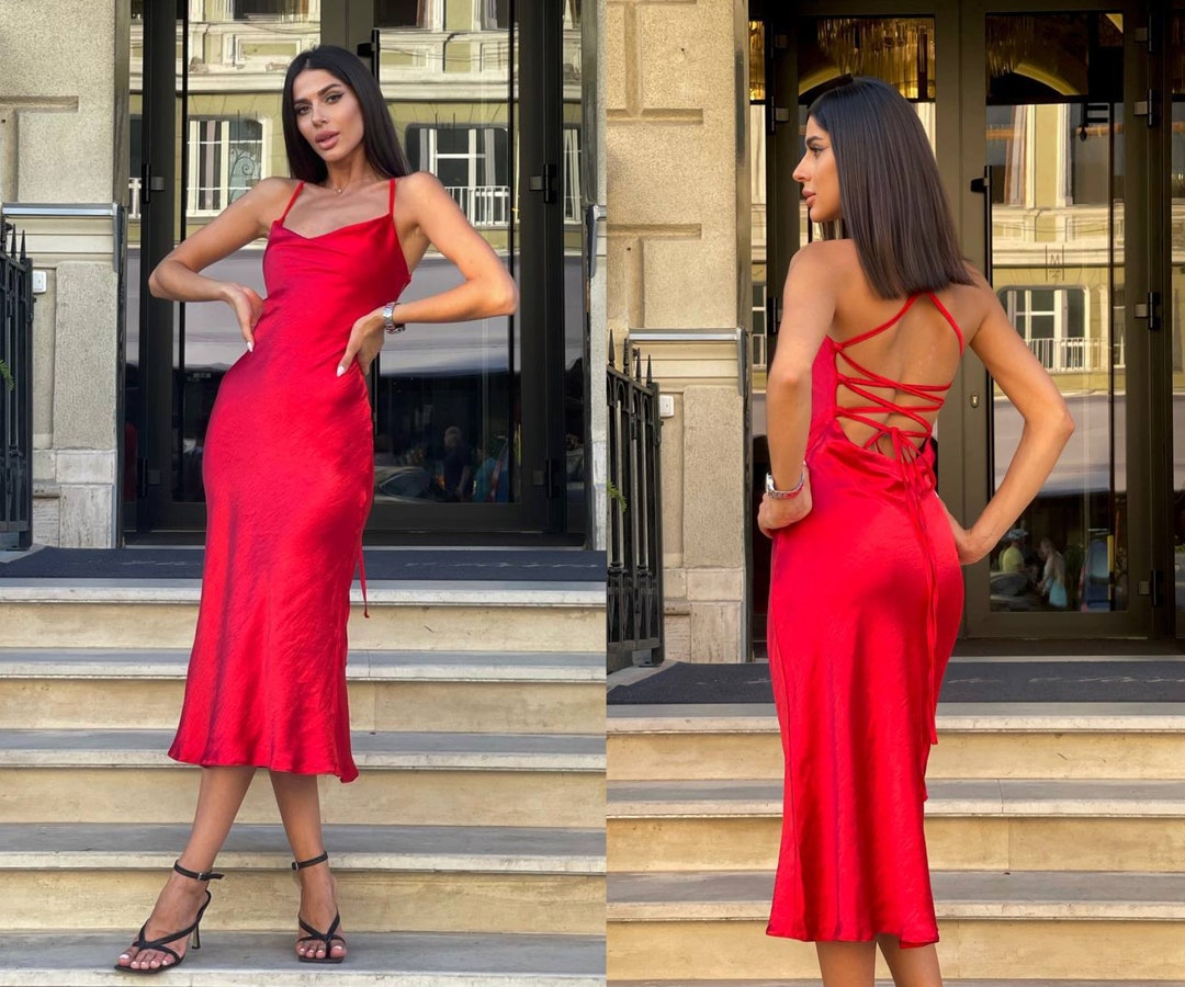 Red Silk Slip Midi Dress, Slip Dress With Cowl Neck, Backless Dress ...