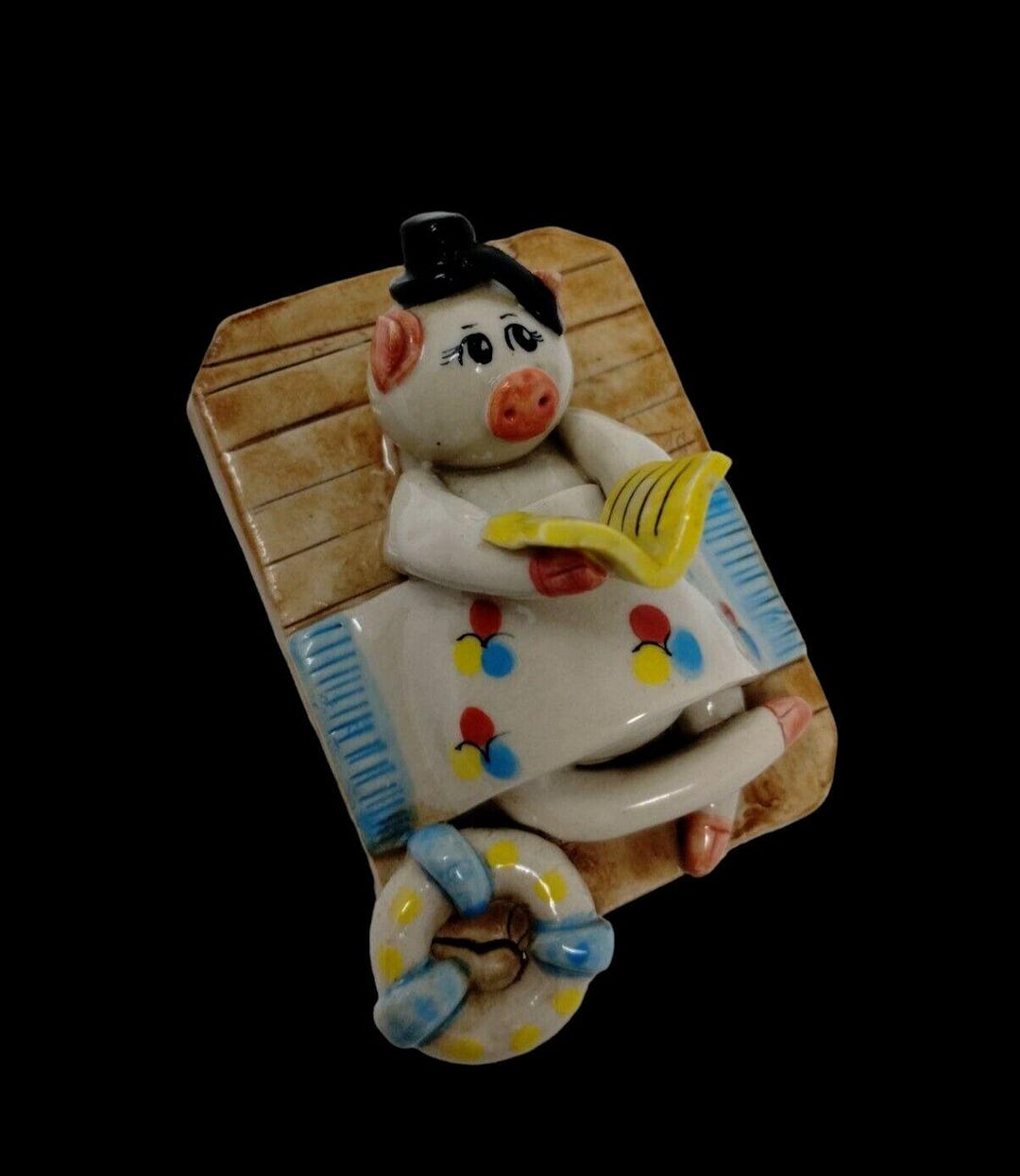 Clay Porky Pig Figurine Raft Hat Sunbathing Life Preserver Book Towel ...