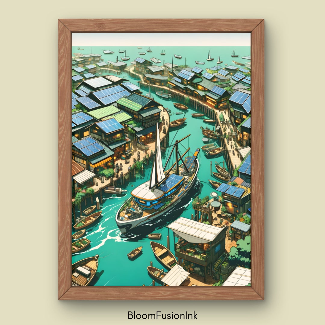 Solarpunk City Poster Digital Art, Solarpunk, City Poster, Harbour ...
