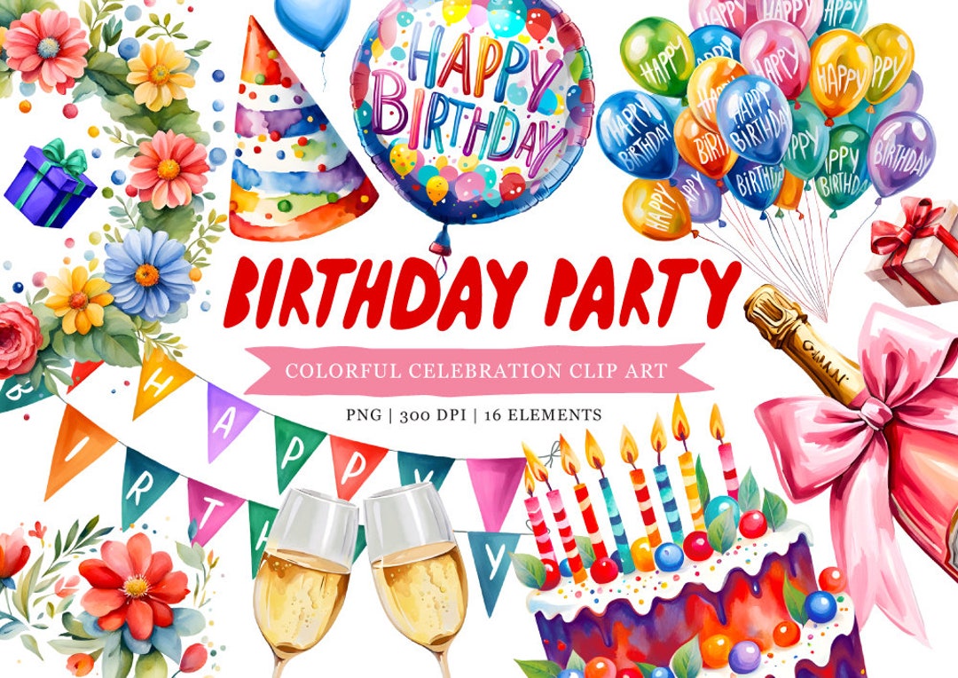 Birthday Party Clip Art 16 Painted PNG Colorful Holiday Celebration ...