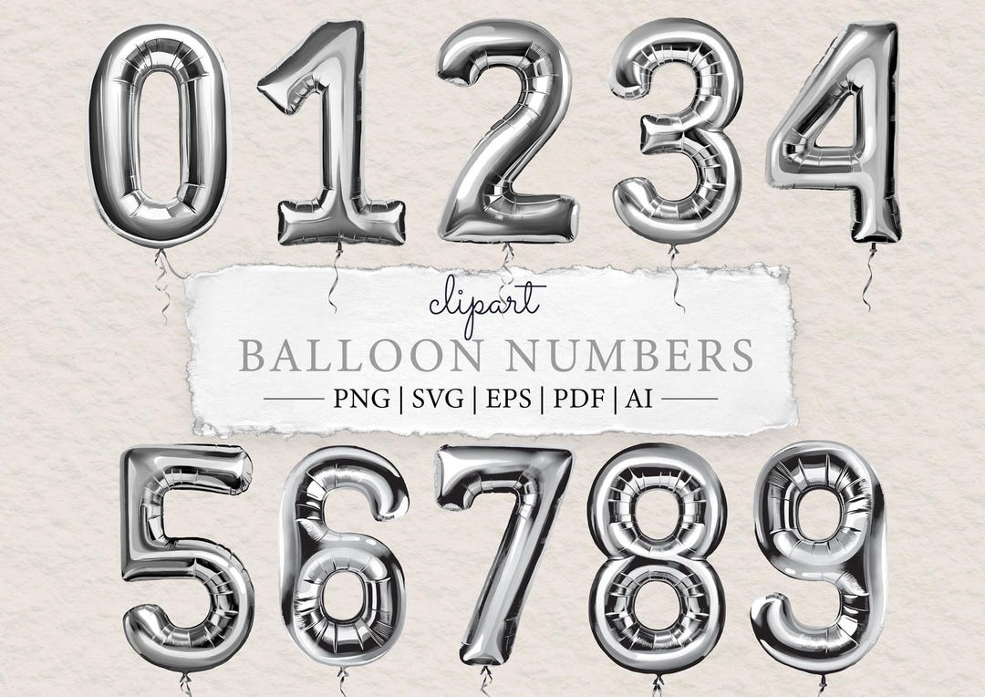 Silver Balloon Numbers Clipart: Vector Metallic Font (digital Design ...