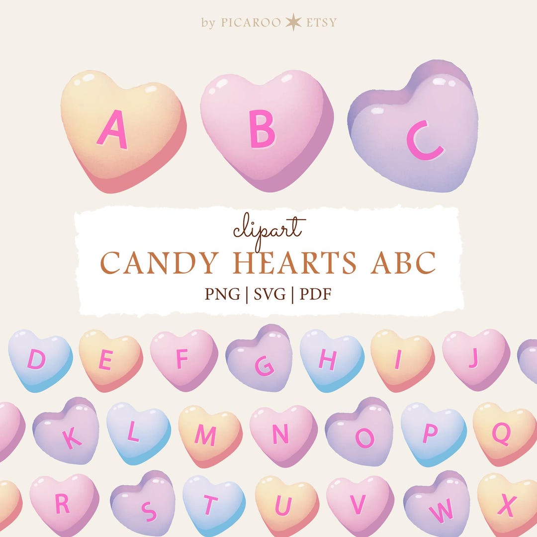 Candy Hearts Alphabet Clipart – Pastel A–Z Letter Conversation Hearts ...