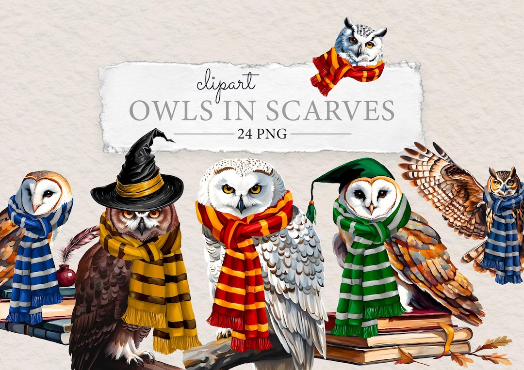 Watercolor Owls Clipart: Wizard House Scarves, PNG Stickers (digital ...