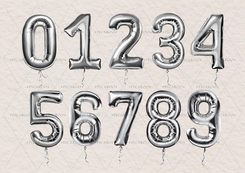 Silver Balloon Numbers Clipart: Vector Metallic Font (digital Design ...