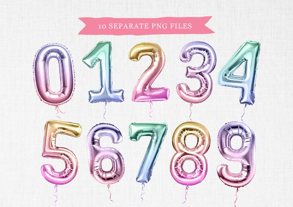 Numbers Balloons Clip Art Pastel Metallic Foil Balloons 10 Painted PNG ...