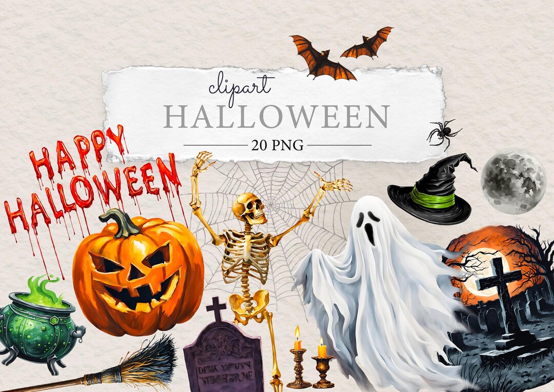 Spooky Halloween Clipart Set: Watercolor Pumpkins, Bat, Ghost, Skeleton ...